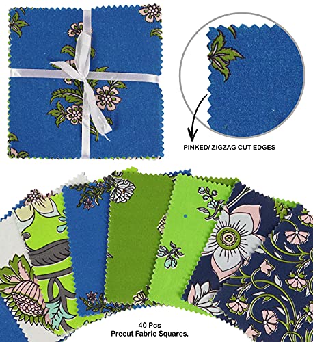 Soimoi Florals Print Precut 5-inch Cotton Fabric Quilting Squares Charm Pack DIY Patchwork Sewing Craft- Blue