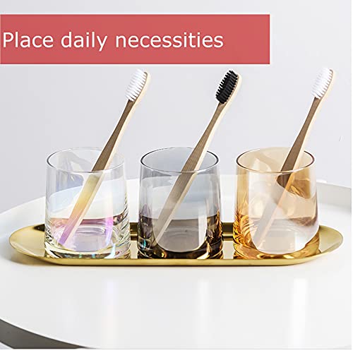 2 Pack Long Narrow Gold Rolling Metal Decorative Tray, 12 Inch Stainless Steel Golden Serving Tray, Oval Brass Vanity Tray Table Décor Platter for Jewelry, Towel, Bathroom, Desktop, Exxacttorch
