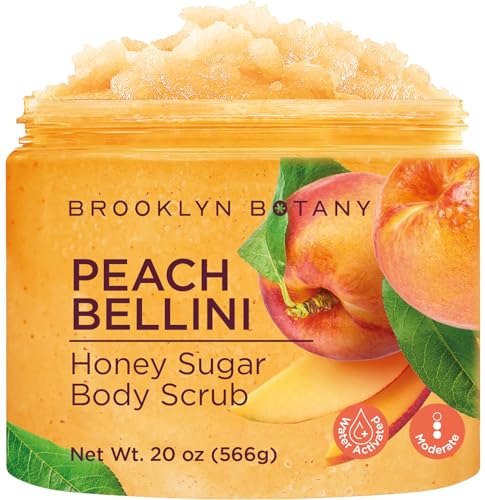 Brooklyn Botany Peach Bellini Honey Sugar Scrub for Body 20 oz – Deeply Hydrating and Gently Exfoliating Body Scrub for Women and Men – Moisturizing and Nourishing the Skin