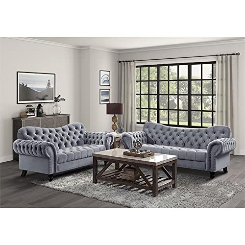 Pemberly Row 84" Velvet Roll Arm Sofa with Tufted Nailhead Upholstery, 3 Seater Fabric Couch Furniture for Home Living Room, Dark Gray