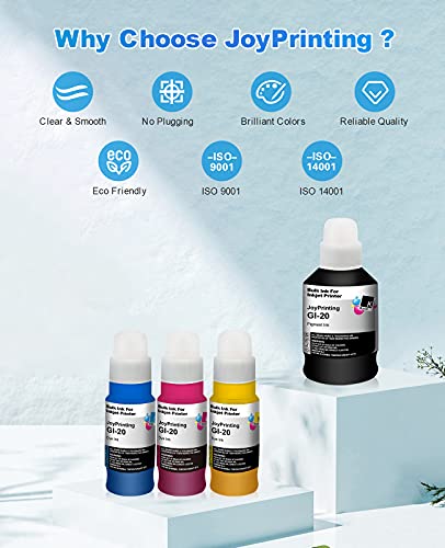 JoyPrinting GI-20 Refill Ink Bottles Kit Replacement for Canon GI20PGBK GI20 Ink Work for Canon PIXMA G6020 G7020 5020 MegaTank Printers (1 Pigment Black / 1 Cyan / 1 Magenta / 1Yellow, 4 Pack)