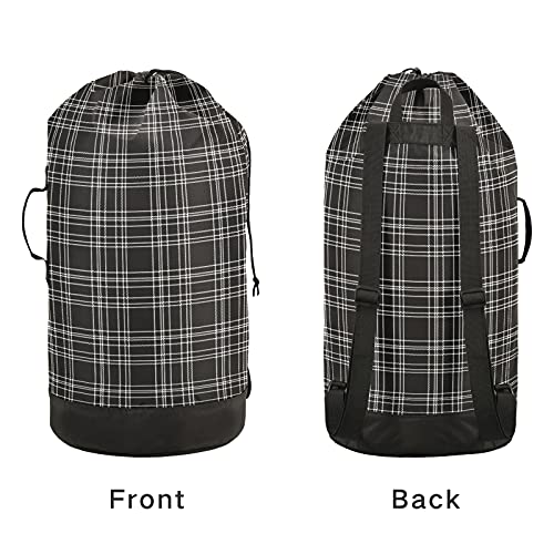 Black Check Plaid Laundry Backback Large Heavy Duty Laundry Bag with Adjustable Shoulder Straps Laundry backpack for Traveling Dirty Clothes Organizer for College Students Waterproof