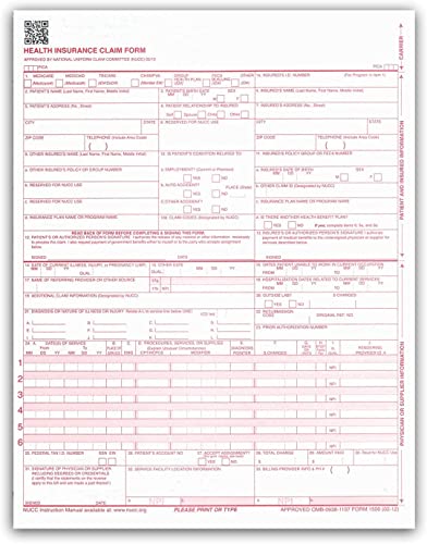 SecurityDocs 500 CMS-1500 Health Insurance Claim Forms, Laser/Inkjet Compatible (HCFA Form 1500 Version 02-12) 8.5x11, 500 Forms (59211)
