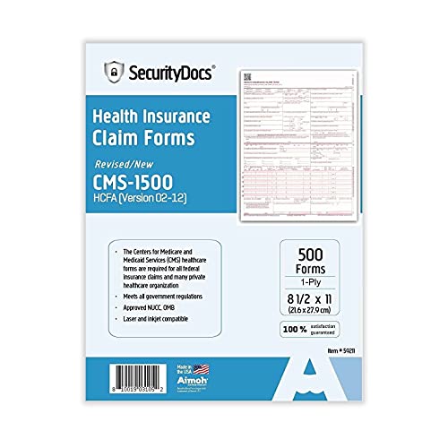 SecurityDocs 500 CMS-1500 Health Insurance Claim Forms, Laser/Inkjet Compatible (HCFA Form 1500 Version 02-12) 8.5x11, 500 Forms (59211)