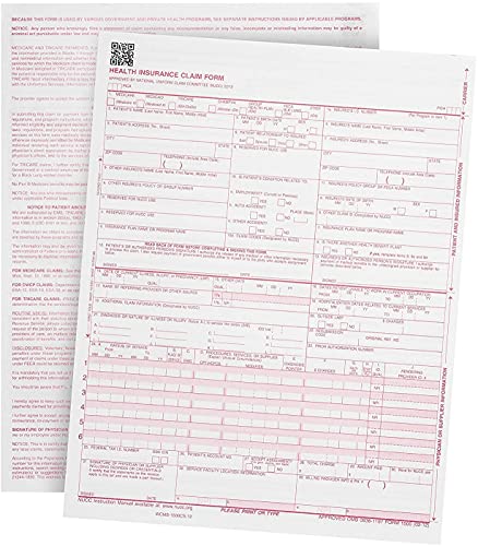 SecurityDocs 500 CMS-1500 Health Insurance Claim Forms, Laser/Inkjet Compatible (HCFA Form 1500 Version 02-12) 8.5x11, 500 Forms (59211)