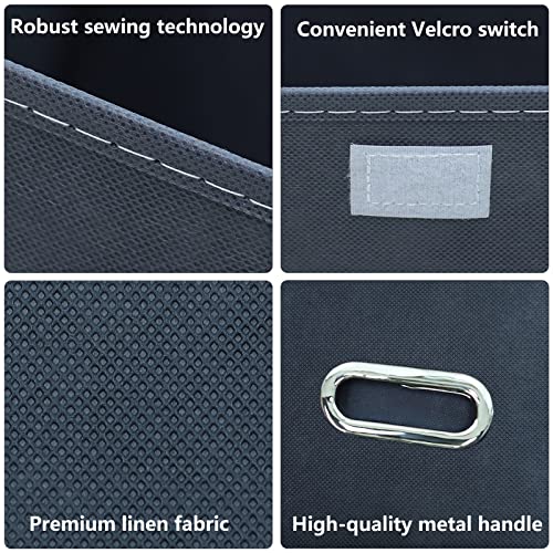 SEVENDOME Linen Fabric Foldable Collapsible Storage Cube Bin Organizer Basket with Lid, Leather Handles, Removable Divider for Home, Closet (Grey, 3Pcs)