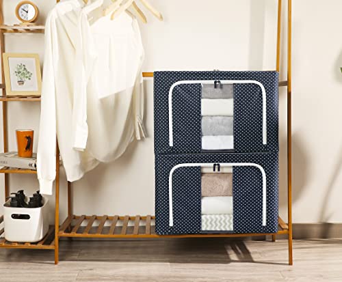 Furnhome Clothes Storage Organizer Bins Containers , Foldable Stackable Storage Bins-Oxford Cloth Steel Frame Storage Box for Clothing Storage with Foldable Clear Window & Reinforced Handles (Navy Dots, 66L, 3PCS)…
