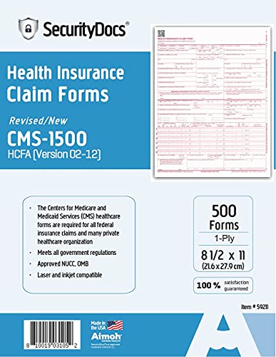 SecurityDocs 500 CMS-1500 Health Insurance Claim Forms, Laser/Inkjet Compatible (HCFA Form 1500 Version 02-12) 8.5x11, 500 Forms (59211)