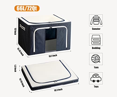 Furnhome Clothes Storage Organizer Bins Containers , Foldable Stackable Storage Bins-Oxford Cloth Steel Frame Storage Box for Clothing Storage with Foldable Clear Window & Reinforced Handles (Navy Dots, 66L, 3PCS)…