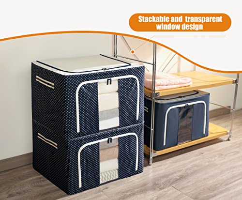 Furnhome Clothes Storage Organizer Bins Containers , Foldable Stackable Storage Bins-Oxford Cloth Steel Frame Storage Box for Clothing Storage with Foldable Clear Window & Reinforced Handles (Navy Dots, 66L, 3PCS)…