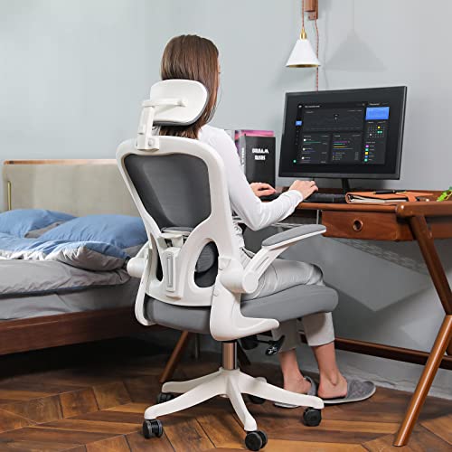 VANSPACE Ergonomic Office Chair High Back Executive Mesh Computer Desk Chair with Adjustable Lumbar Support Headrest and Flip-up Armrest Swivel Home Office Chair White