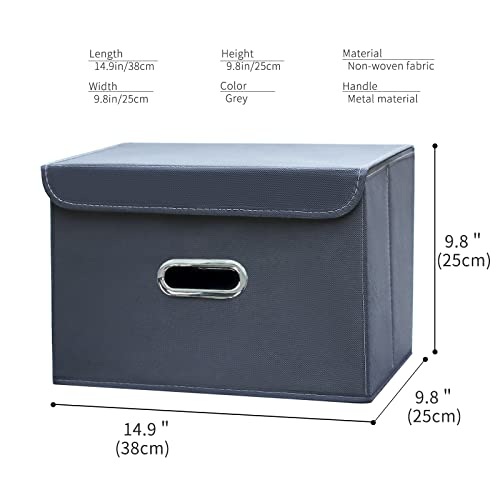 SEVENDOME Linen Fabric Foldable Collapsible Storage Cube Bin Organizer Basket with Lid, Leather Handles, Removable Divider for Home, Closet (Grey, 3Pcs)