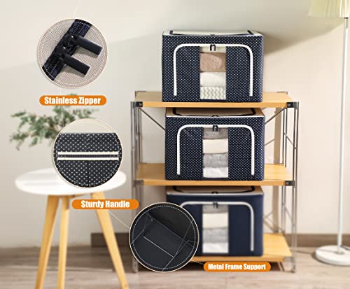 Furnhome Clothes Storage Organizer Bins Containers , Foldable Stackable Storage Bins-Oxford Cloth Steel Frame Storage Box for Clothing Storage with Foldable Clear Window & Reinforced Handles (Navy Dots, 66L, 3PCS)…