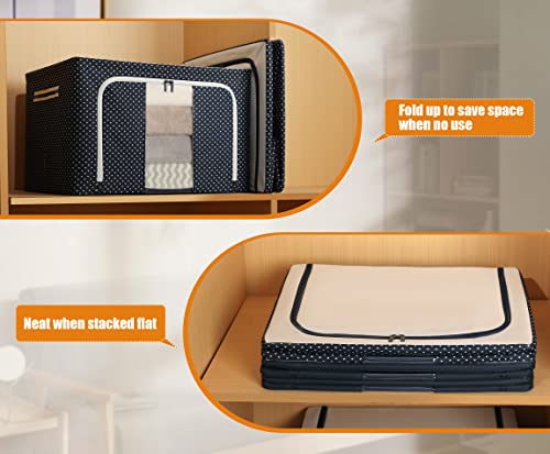 Furnhome Clothes Storage Organizer Bins Containers , Foldable Stackable Storage Bins-Oxford Cloth Steel Frame Storage Box for Clothing Storage with Foldable Clear Window & Reinforced Handles (Navy Dots, 66L, 3PCS)…