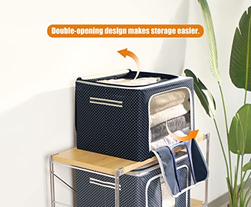 Furnhome Clothes Storage Organizer Bins Containers , Foldable Stackable Storage Bins-Oxford Cloth Steel Frame Storage Box for Clothing Storage with Foldable Clear Window & Reinforced Handles (Navy Dots, 66L, 3PCS)…