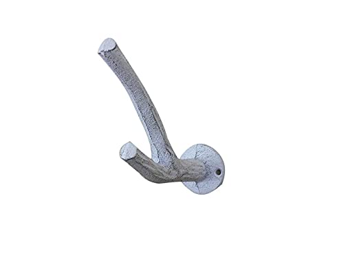 Handcrafted Nautical Decor Whitewashed Cast Iron Tree Branch Double Decorative Metal Wall Hooks 5"