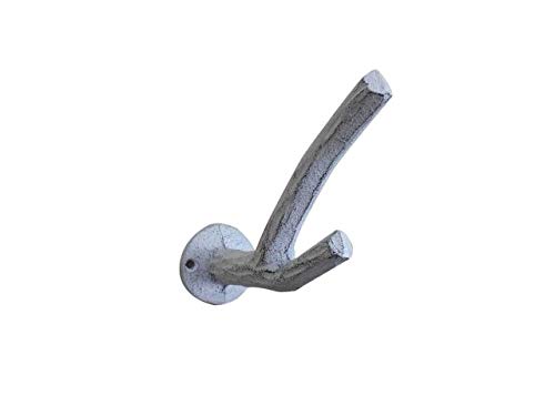 Handcrafted Nautical Decor Whitewashed Cast Iron Tree Branch Double Decorative Metal Wall Hooks 5"