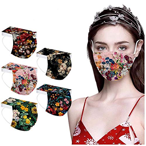 HEALT 50PC Flower Disposable Face_Masks with Designs for Spring Summer, 3-Ply Floral Facemasks with Nose Wire for Women Men (Style-19) Multicolor