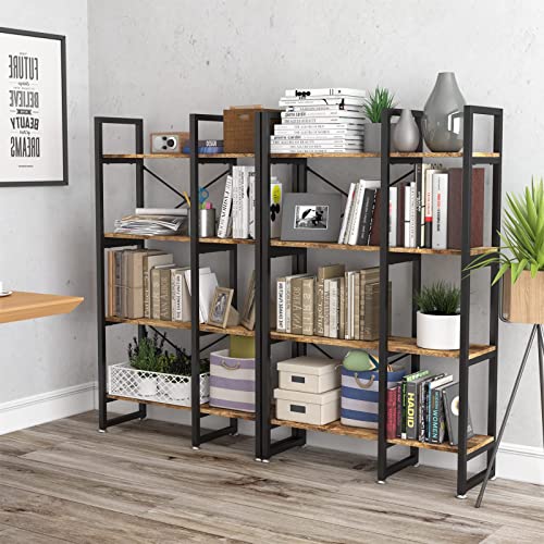 Easyzon 4 Tier Bookcase and Bookshelf, Rustic Industrial Bookshelf, Large Etagere Bookshelf Open Display Shleves with Metal Frame for Living Room Bedroom Home Office, Rustic Brown