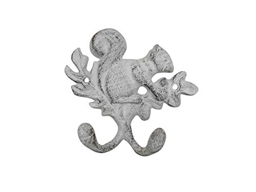 HANDCRAFTED NAUTICAL DÉCOR Whitewashed Cast Iron Squirrel with Acorn Decorative Double Metal Wall Hooks 8"