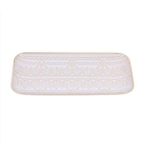 Rectangular Vanity Sink Tray for Bathroom Ceramic Kitchen Dreesser Tray with Emboss Pattern, Comestic Jewelry Dish Ring Holder Bathtub Organizer Dessert Plate Home Decor, Cream