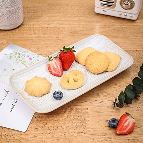 Rectangular Vanity Sink Tray for Bathroom Ceramic Kitchen Dreesser Tray with Emboss Pattern, Comestic Jewelry Dish Ring Holder Bathtub Organizer Dessert Plate Home Decor, Cream