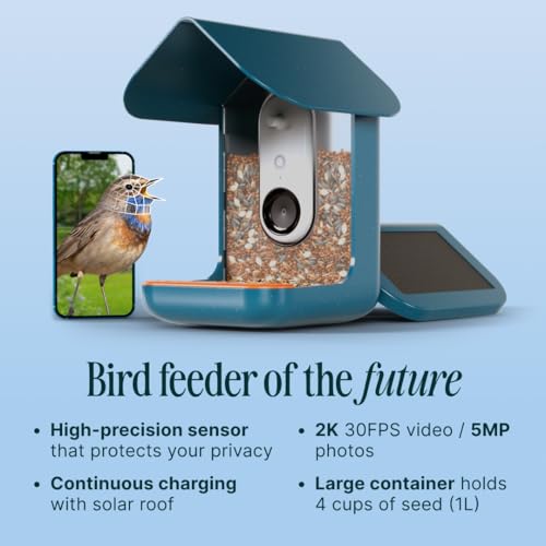 Bird Buddy Solar Smart Bird Feeder with Camera - Ai Bird Species Identification, 5Mp Photos, 2K Hd Video Live Stream Camera, Solar-Powered Charging, 2.8In Focus - Blue
