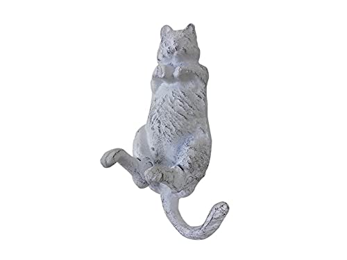 Handcrafted Nautical Decor Whitewashed Cast Iron Happy Fat Cat Decorative Metal Wall Hook 6"