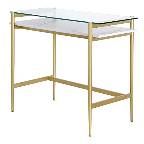 Eaton Rectangular 36'' Wide Desk with Faux Marble Shelf in Brass/Faux Marble