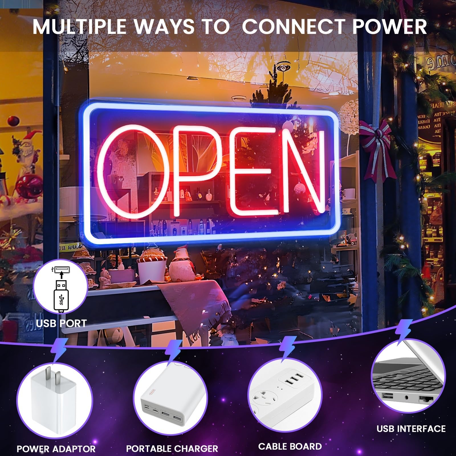 QCHIAN Open Neon Sign for Business, Adjustable Brightness LED Open Sign Powered by USB, High Visibility Open Neon Light up Sign for Stores, Salons, Cafes, Clubs, Hotels, Food Trucks Decor
