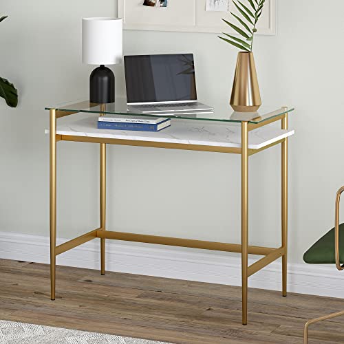 Eaton Rectangular 36'' Wide Desk with Faux Marble Shelf in Brass/Faux Marble