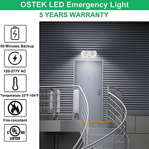 LED Emergency Exit Light with 2 Adjustable Head Flood Lights, OSTEK Emergency Lights for Business, 90min Backup Battery, Fire Resistant 120-277V (UL 94V-0) (1pack)