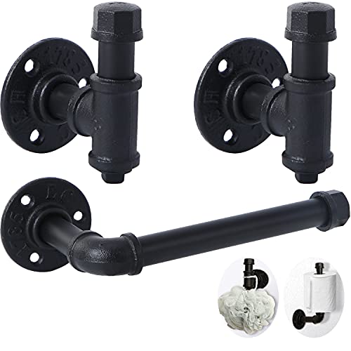 3 Pack Industrial Pipe Bathroom Hardware Accessories Set, Include 2 Robe Coat Towel Hook and 1 Toilet Paper Holder for Hanging. 1/2" inch Threaded Wall Mounted Rustic Decor Accessories Kit (Black)