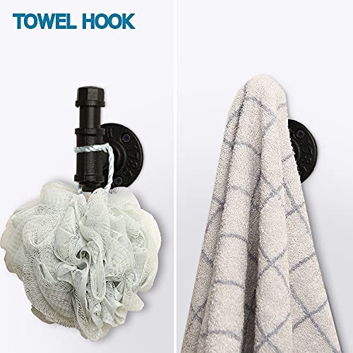 3 Pack Industrial Pipe Bathroom Hardware Accessories Set, Include 2 Robe Coat Towel Hook and 1 Toilet Paper Holder for Hanging. 1/2" inch Threaded Wall Mounted Rustic Decor Accessories Kit (Black)