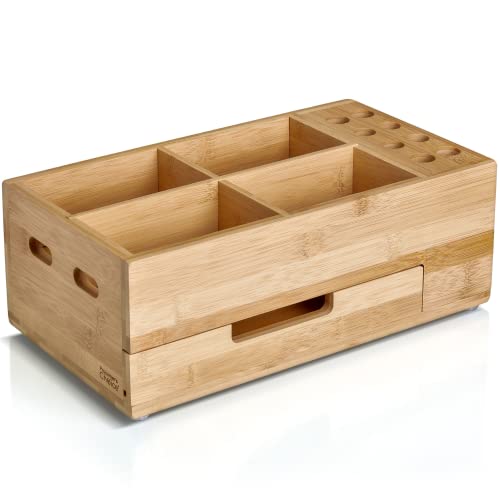 Prosumer's Choice Bamboo Bathroom Organizer, Makeup Vanity Countertop Organizer, Cosmetic Display Case with Toothbrush Holder and Storage Tray with Large Drawer