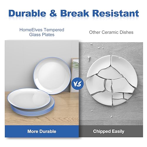 HomeElves Dinner Plates Set of 8, 10.5 inch Opal Glass Plate Set, Lightweight Kitchen White Plates, Break and Chip Resistant, Safety for Microwave & Dishwasher,Blue Rim