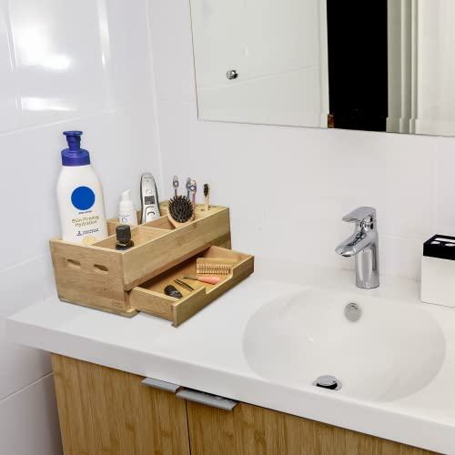 Prosumer's Choice Bamboo Bathroom Organizer, Makeup Vanity Countertop Organizer, Cosmetic Display Case with Toothbrush Holder and Storage Tray with Large Drawer