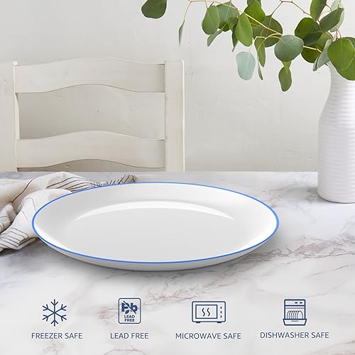 HomeElves Dinner Plates Set of 8, 10.5 inch Opal Glass Plate Set, Lightweight Kitchen White Plates, Break and Chip Resistant, Safety for Microwave & Dishwasher,Blue Rim