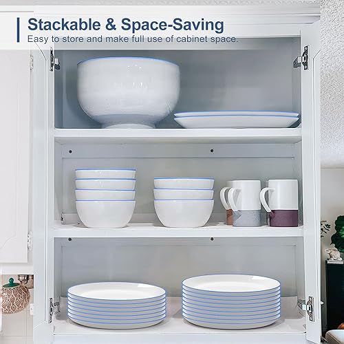 HomeElves Dinner Plates Set of 8, 10.5 inch Opal Glass Plate Set, Lightweight Kitchen White Plates, Break and Chip Resistant, Safety for Microwave & Dishwasher,Blue Rim