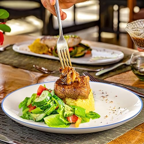 HomeElves Dinner Plates Set of 8, 10.5 inch Opal Glass Plate Set, Lightweight Kitchen White Plates, Break and Chip Resistant, Safety for Microwave & Dishwasher,Blue Rim