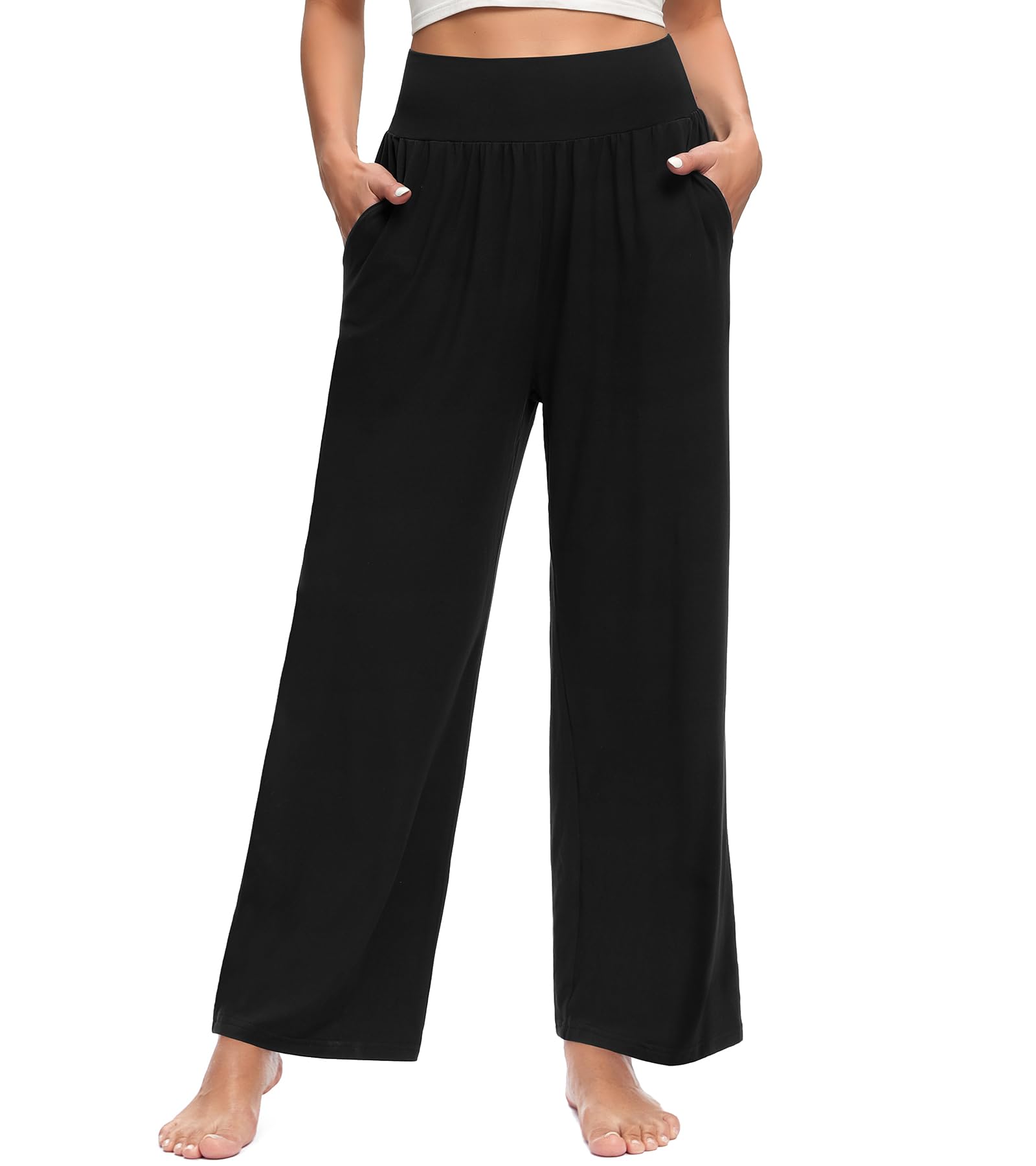 OLIKEME Womens Yoga Pants Wide Leg Lounge Loose Sweatpants Palazzo Workout Joggers with Pockets (Black-M)