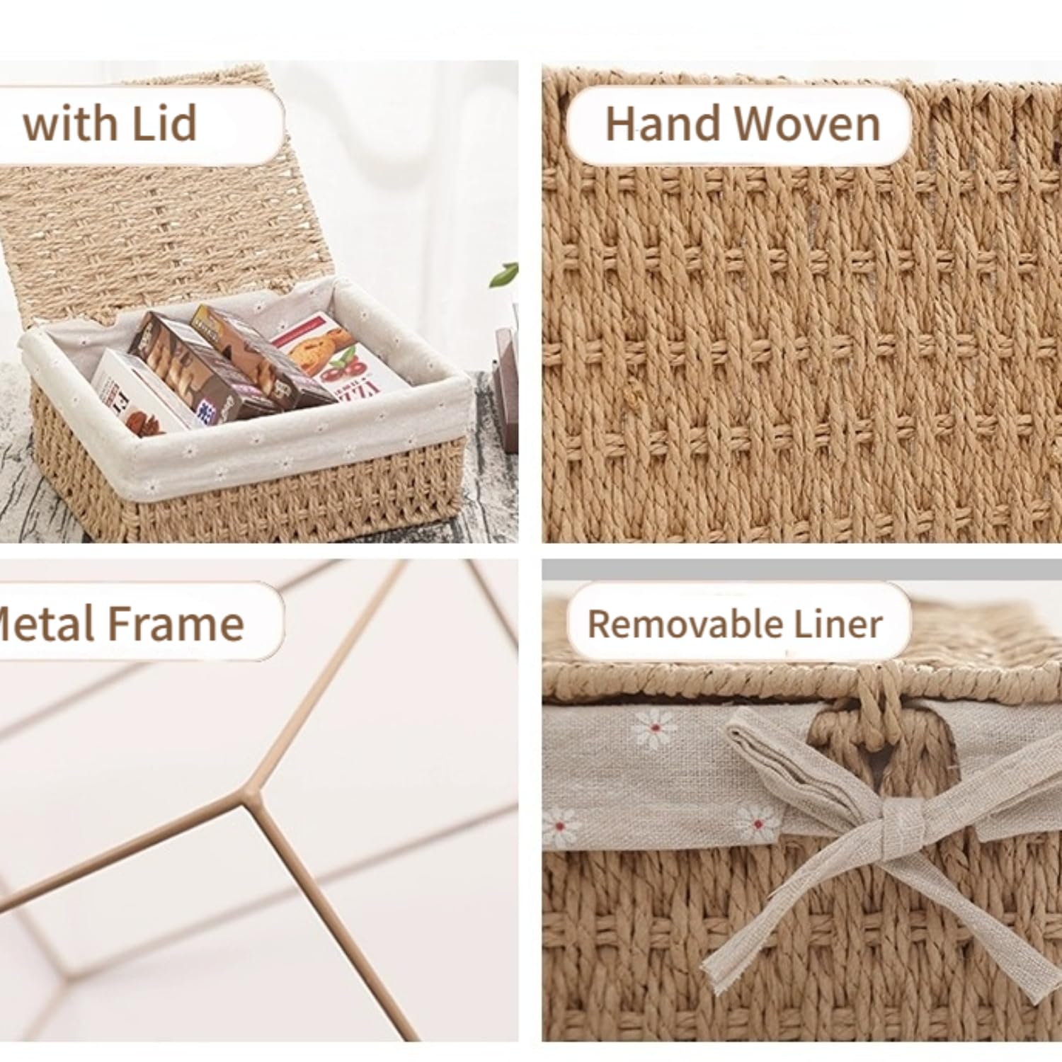 Rattanzenith Small Wicker Basket with Lid Paper Storage Baskets for Shelves Small Storage Bin with Removable Liner Nesting Decorative Woven Basket for Makeup Closet Organizer (Small, Khaki)