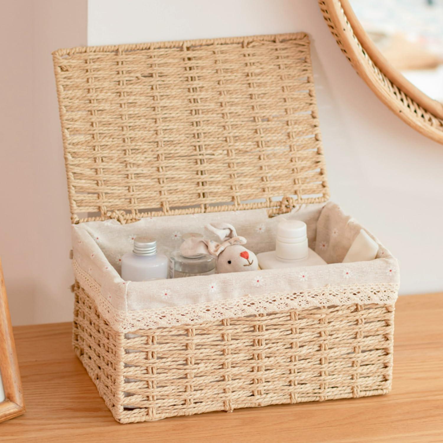 Rattanzenith Small Wicker Basket with Lid Paper Storage Baskets for Shelves Small Storage Bin with Removable Liner Nesting Decorative Woven Basket for Makeup Closet Organizer (Small, Khaki)