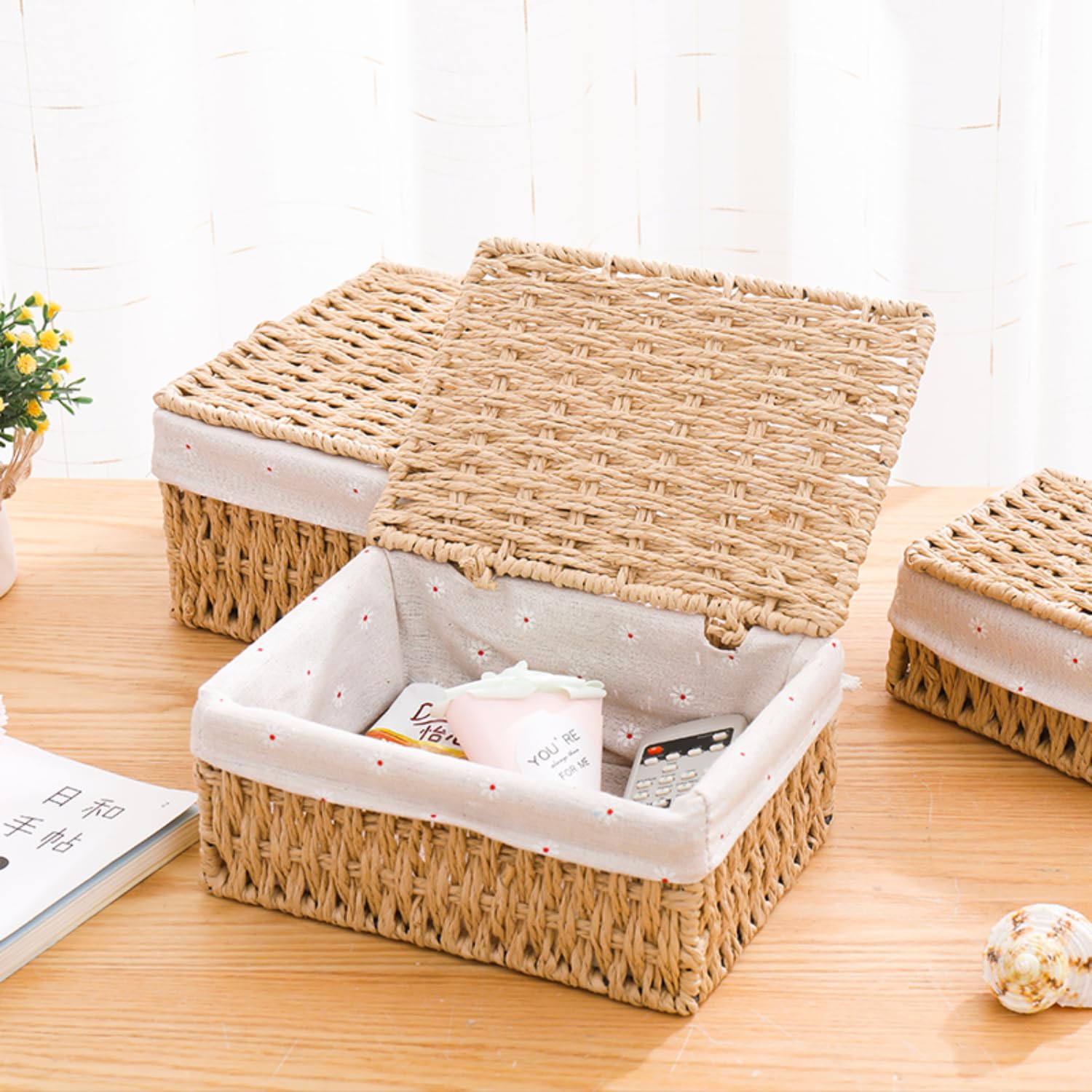 Rattanzenith Small Wicker Basket with Lid Paper Storage Baskets for Shelves Small Storage Bin with Removable Liner Nesting Decorative Woven Basket for Makeup Closet Organizer (Small, Khaki)