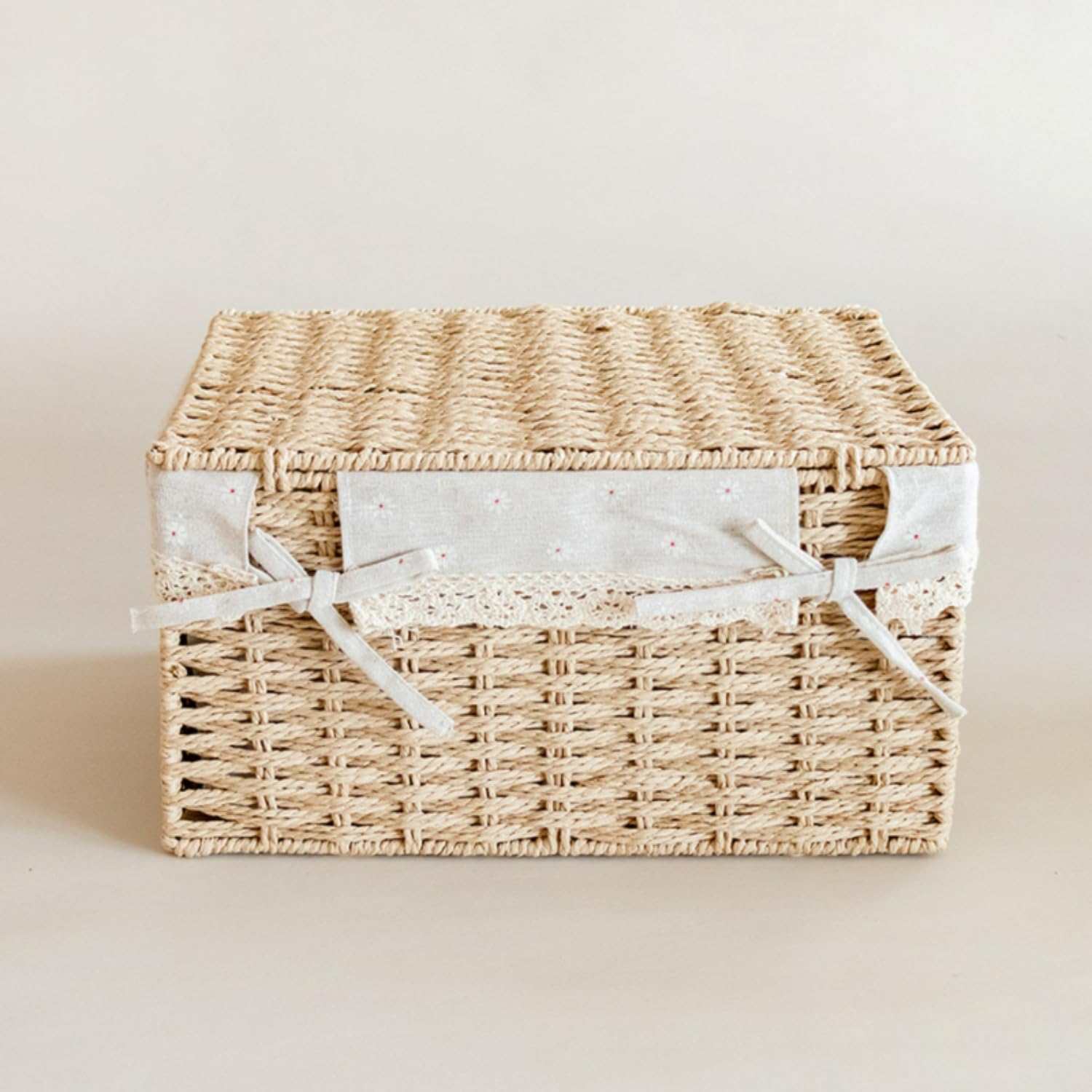 Rattanzenith Small Wicker Basket with Lid Paper Storage Baskets for Shelves Small Storage Bin with Removable Liner Nesting Decorative Woven Basket for Makeup Closet Organizer (Small, Khaki)