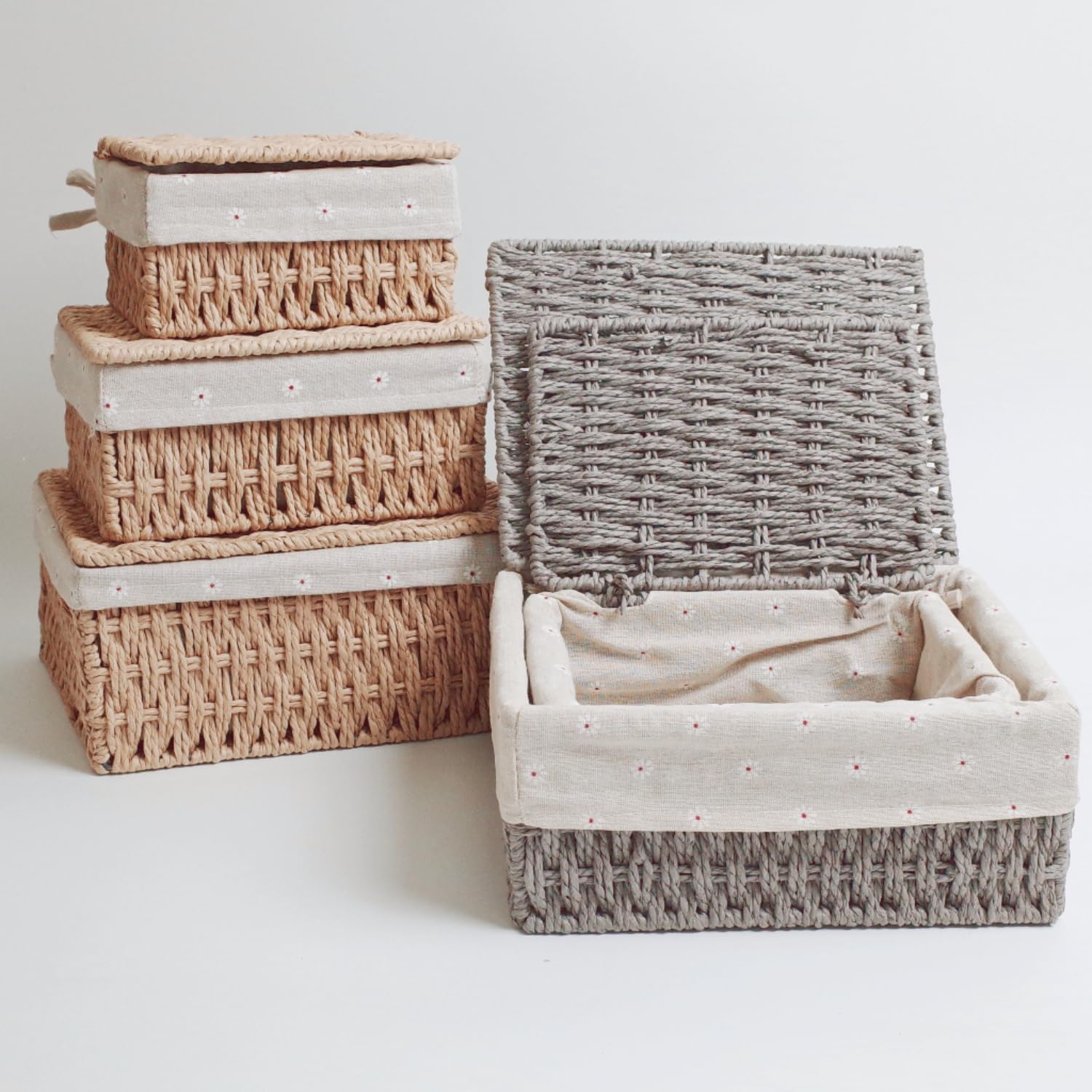 Rattanzenith Small Wicker Basket with Lid Paper Storage Baskets for Shelves Small Storage Bin with Removable Liner Nesting Decorative Woven Basket for Makeup Closet Organizer (Small, Khaki)
