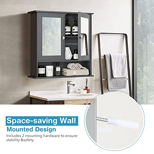 DORTALA Mirrored Bathroom Cabinet, Wall Mounted Medicine Cabinet w/Double Mirror Doors & Adjustable Shelf, Multipurpose Storage Cabinet Home Organizer, Grey