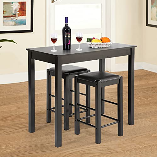Dining Table Set for 2, Bar Table and Chairs Set, 3 Piece Kitchen Counter Height Table Set, Large Top Table w/Two Cushion PU Leather Bar Stools Dining Room Table Set for Small Spaces, Dark Brown