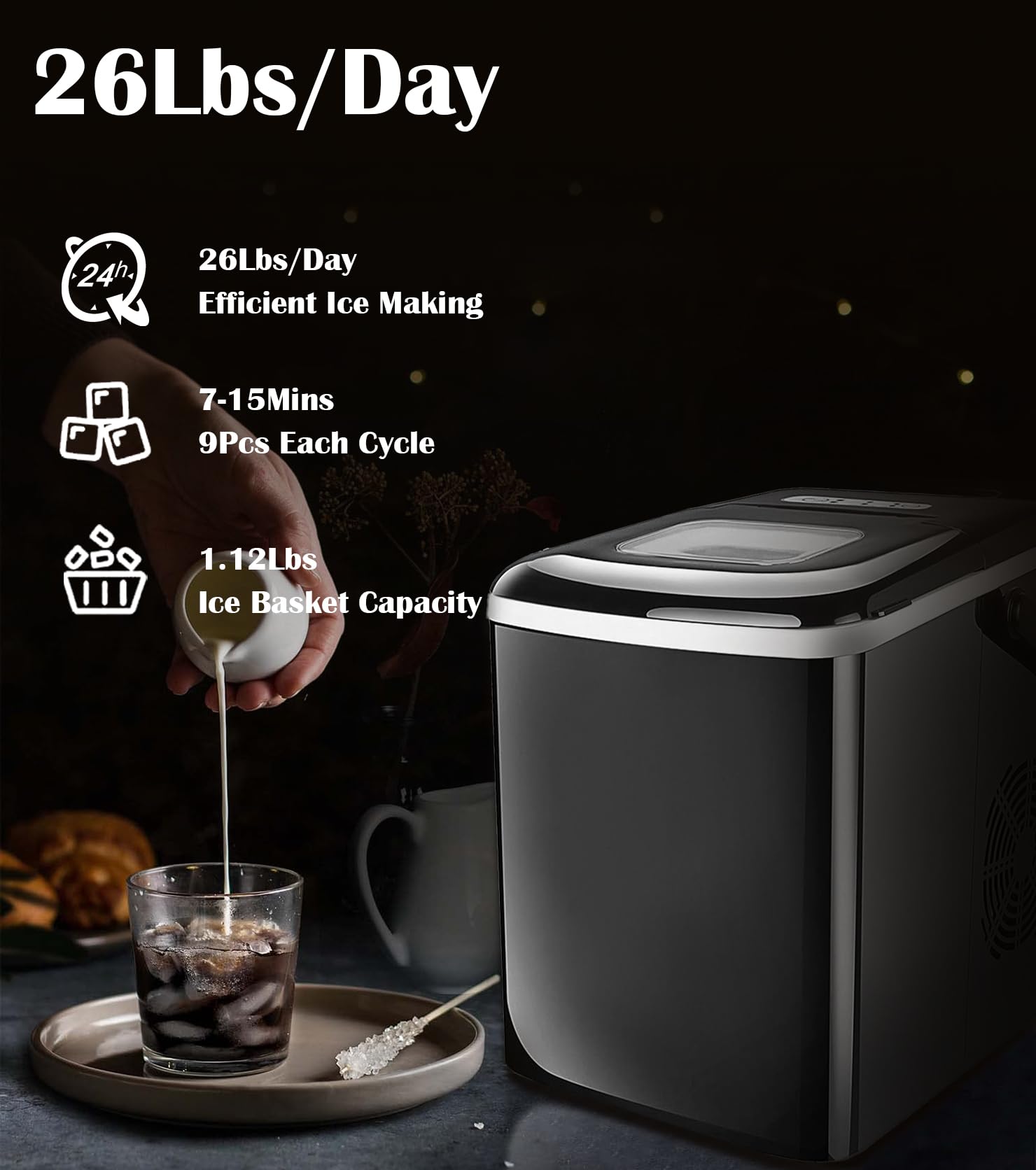EVAMOKE Ice Makers Countertop with Handle, Nugget Ice Cubes Ice Machine with Basket and Ice Scoop, Portable Ice Maker 9 Cubes Ice Black Mini Bullet Ice Maker Small, Ice Maker for Home&Kitchen&Office
