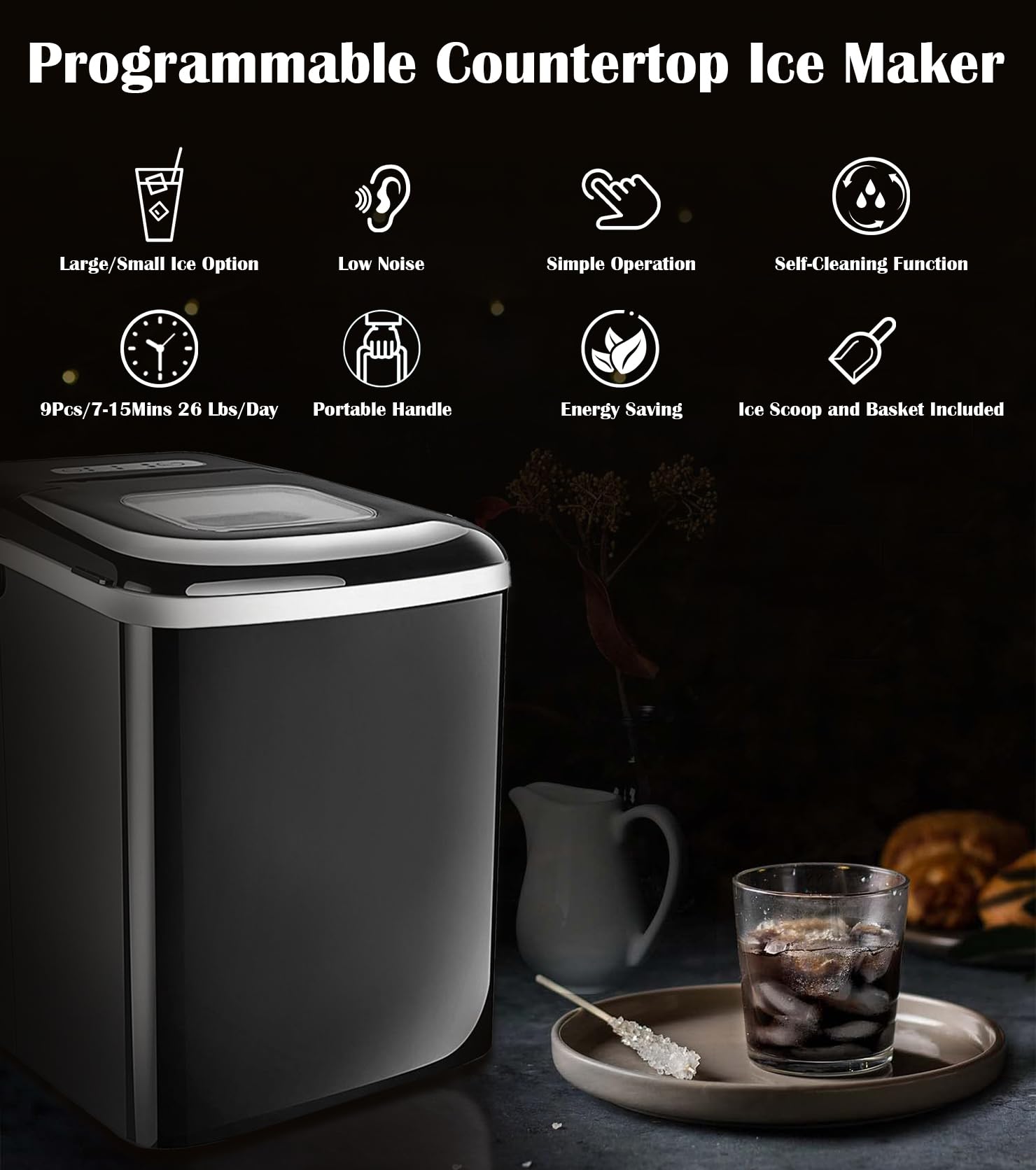 EVAMOKE Ice Makers Countertop with Handle, Nugget Ice Cubes Ice Machine with Basket and Ice Scoop, Portable Ice Maker 9 Cubes Ice Black Mini Bullet Ice Maker Small, Ice Maker for Home&Kitchen&Office